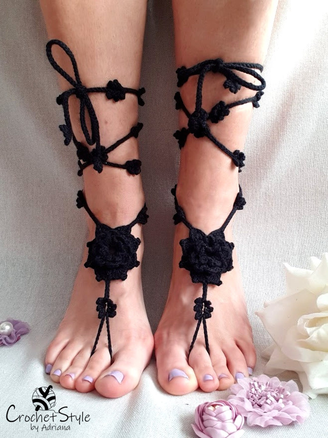 Black Barefoot Sandals, Crochet Beach Sandals, Floral Barefoot Sandals ...