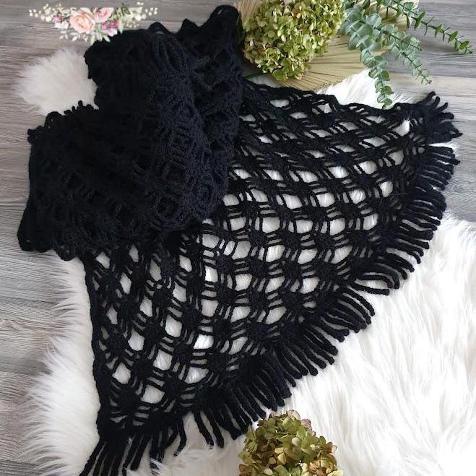 Woolen Black Scarf,hand Crochet Angora Shawl, Wrap, Autumn Warm Scarf ...