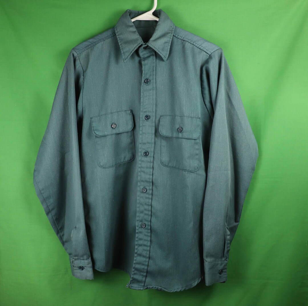 Vintage Uniform Work Shirt Green Long Sleeve Button Down Medium-large ...