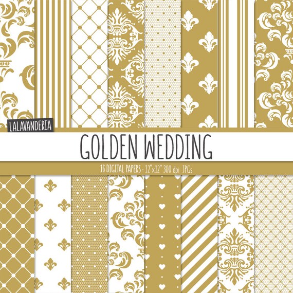 Golden Wedding Digital Paper Package. Damask Lace | Etsy