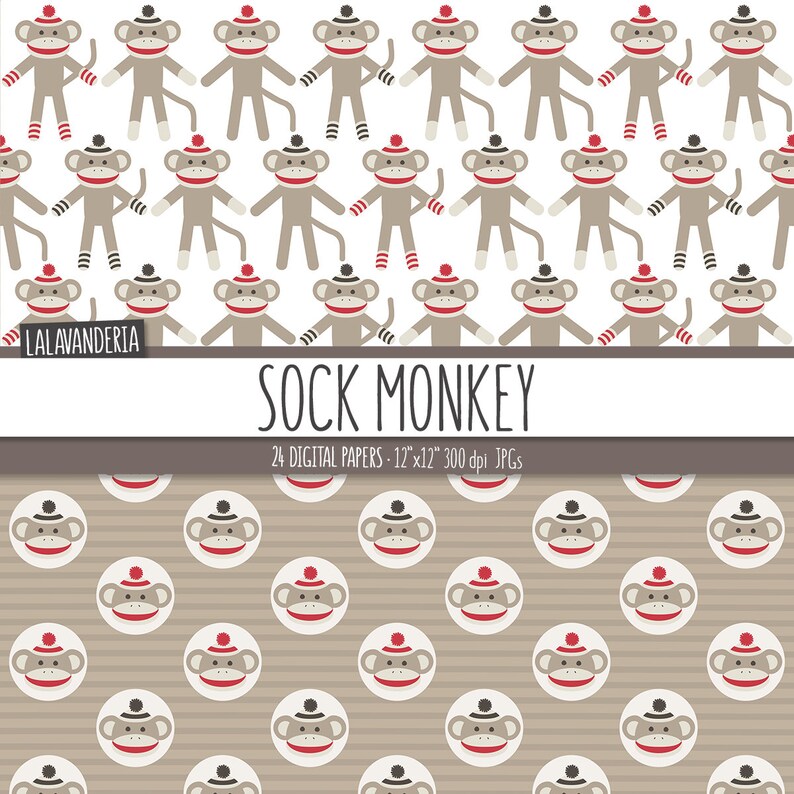 Sock Monkey Digital Paper Pack. Baby Monkey Patterns. | Etsy