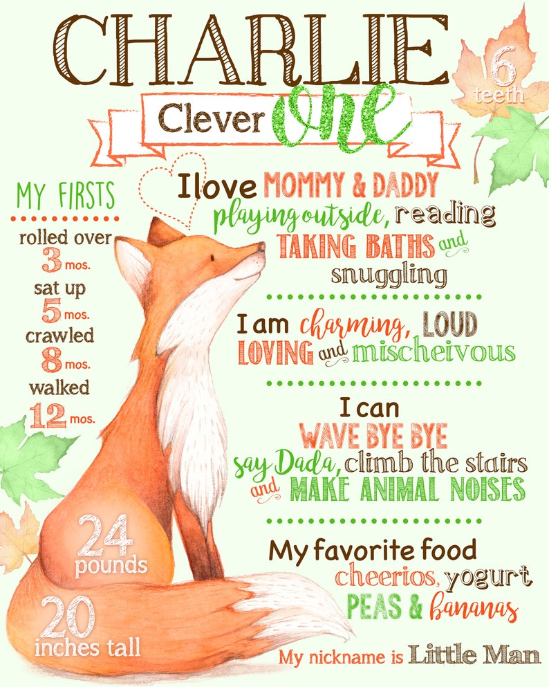 Clever One - Clever Fox First Birthday Poster- Printed & Mounted on ...