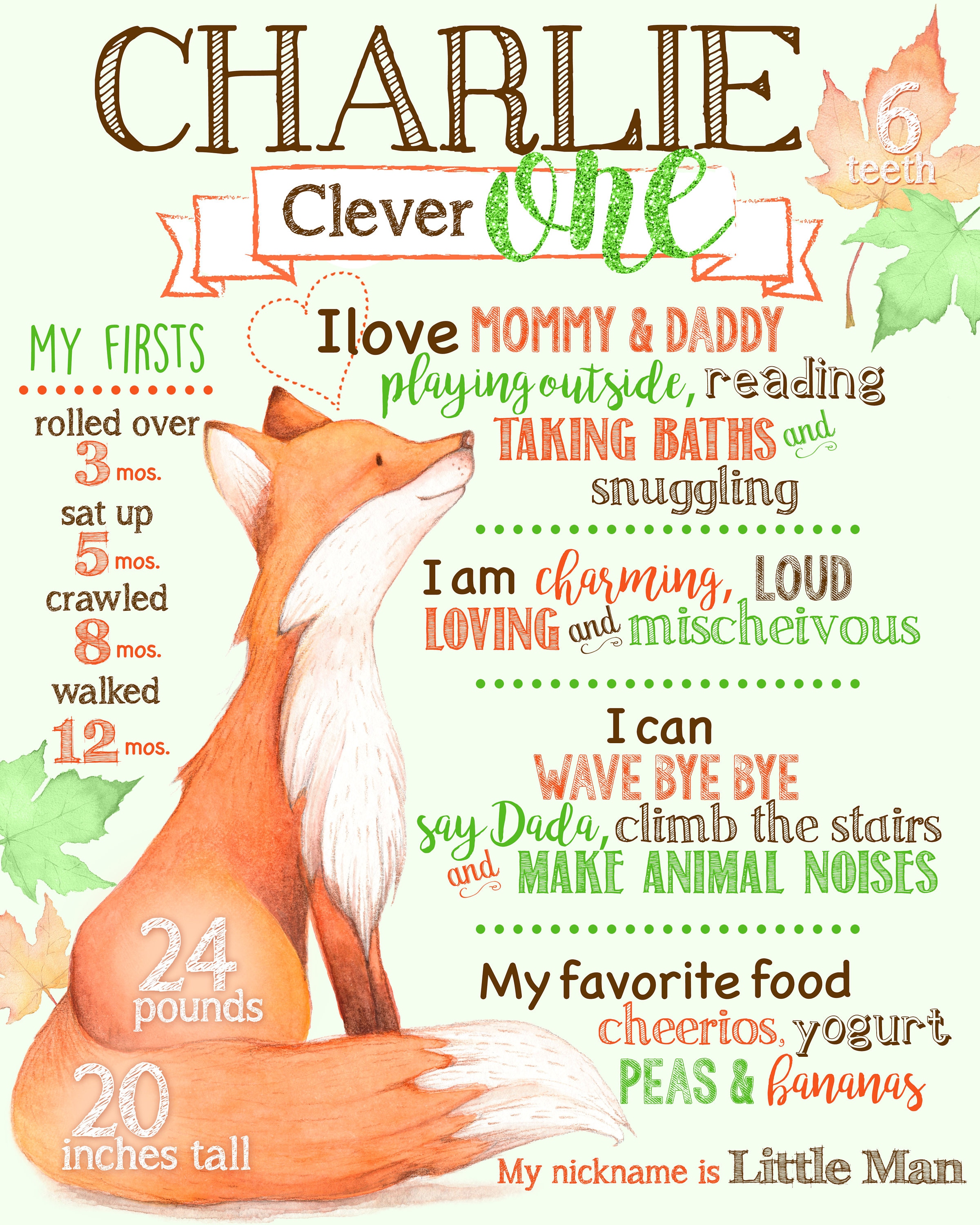 Clever One - Clever Fox First Birthday Poster- Printed & Mounted on ...