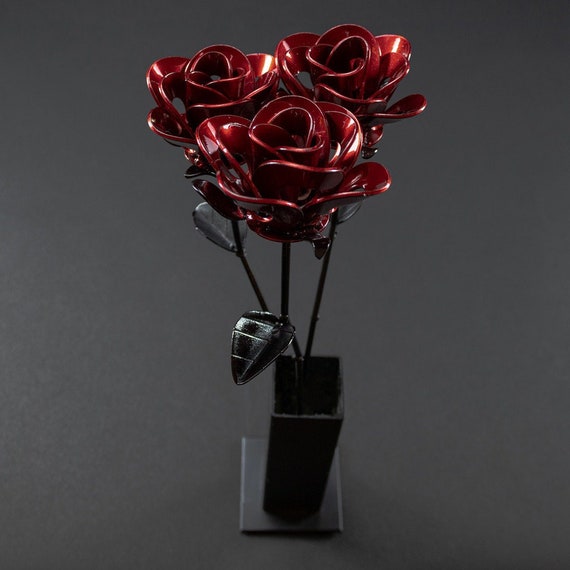 Three Red and Black Metal Roses and Black Vase Metal Rose | Etsy