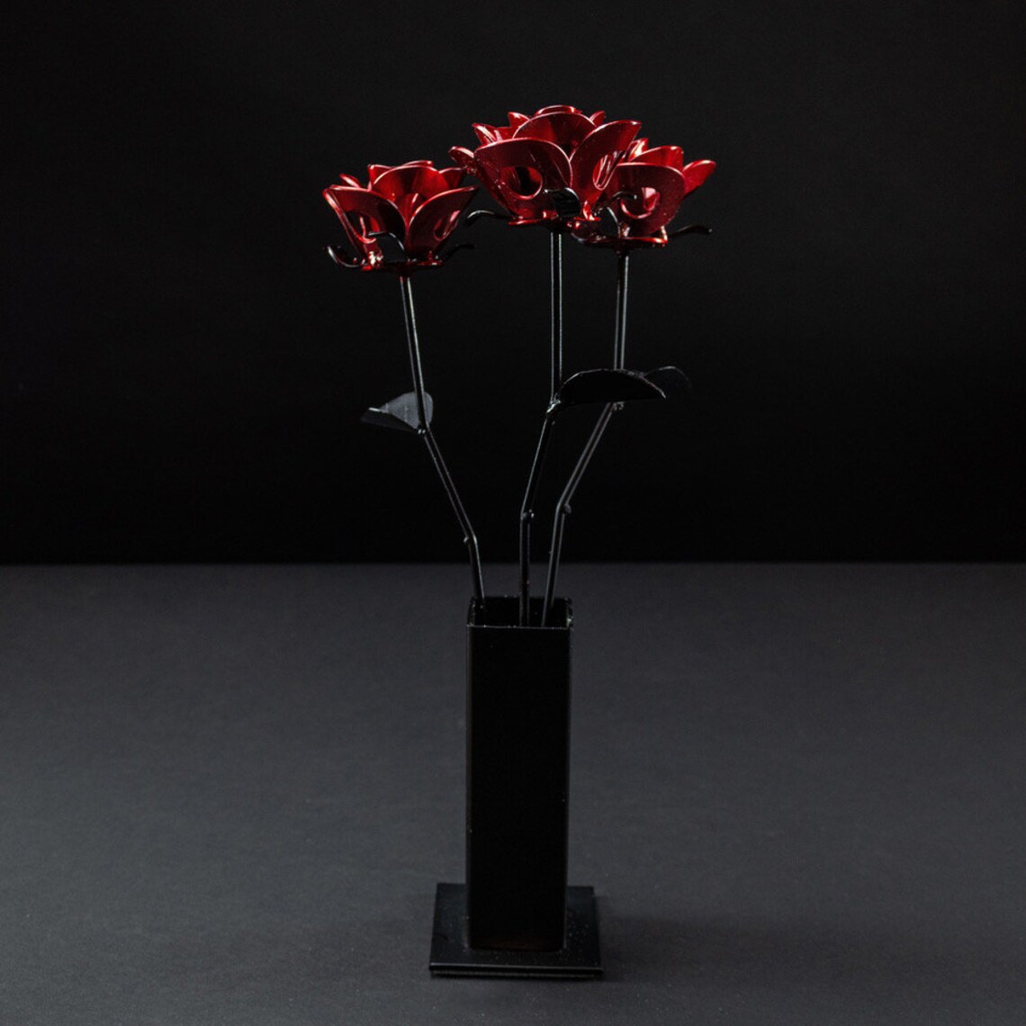 Three Red and Black Metal Roses and Black Vase Metal Rose | Etsy