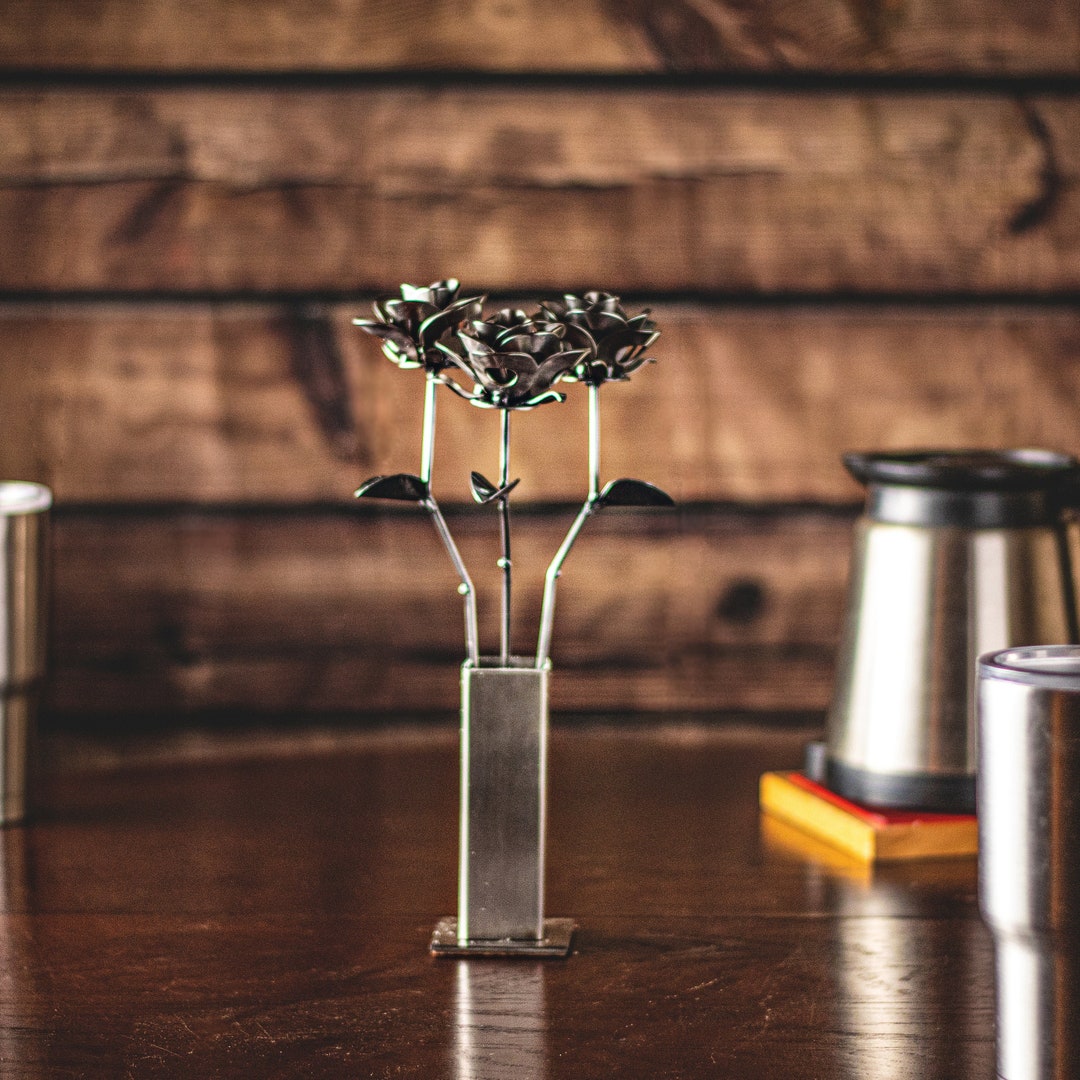 Three Metal Roses and Vase, Recycled Metal Roses and Vase, Steampunk ...