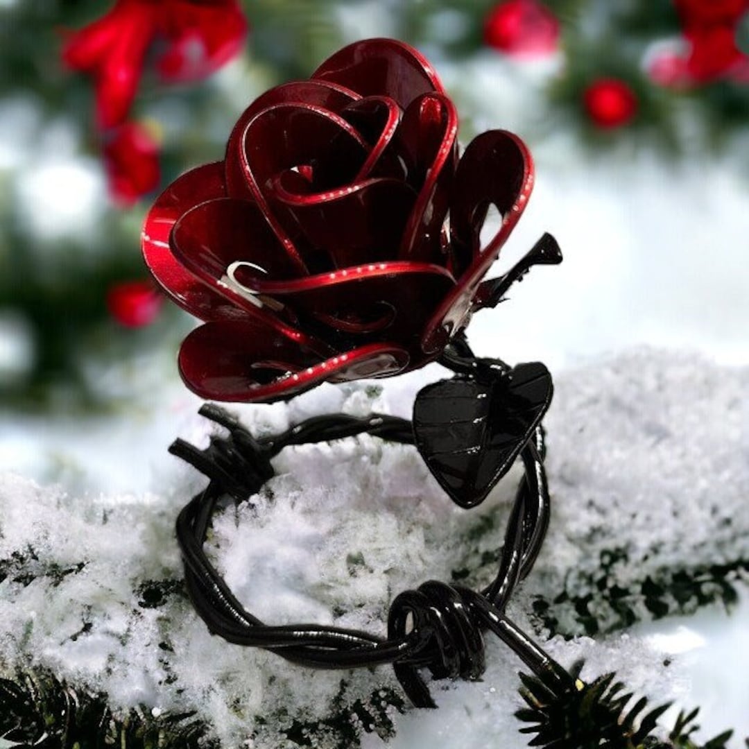 Red and Black Barbed Wire Stem Immortal Rose, Recycled Metal Rose ...
