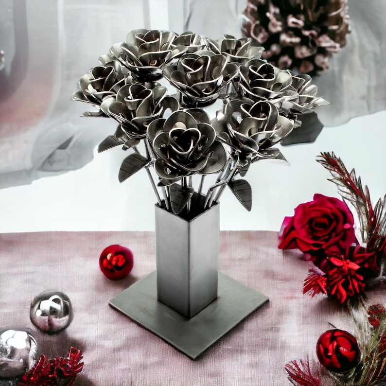 Dozen Metal Rose Bouquet: 12 Recycled Steel Roses, Steampunk Home Decor ...