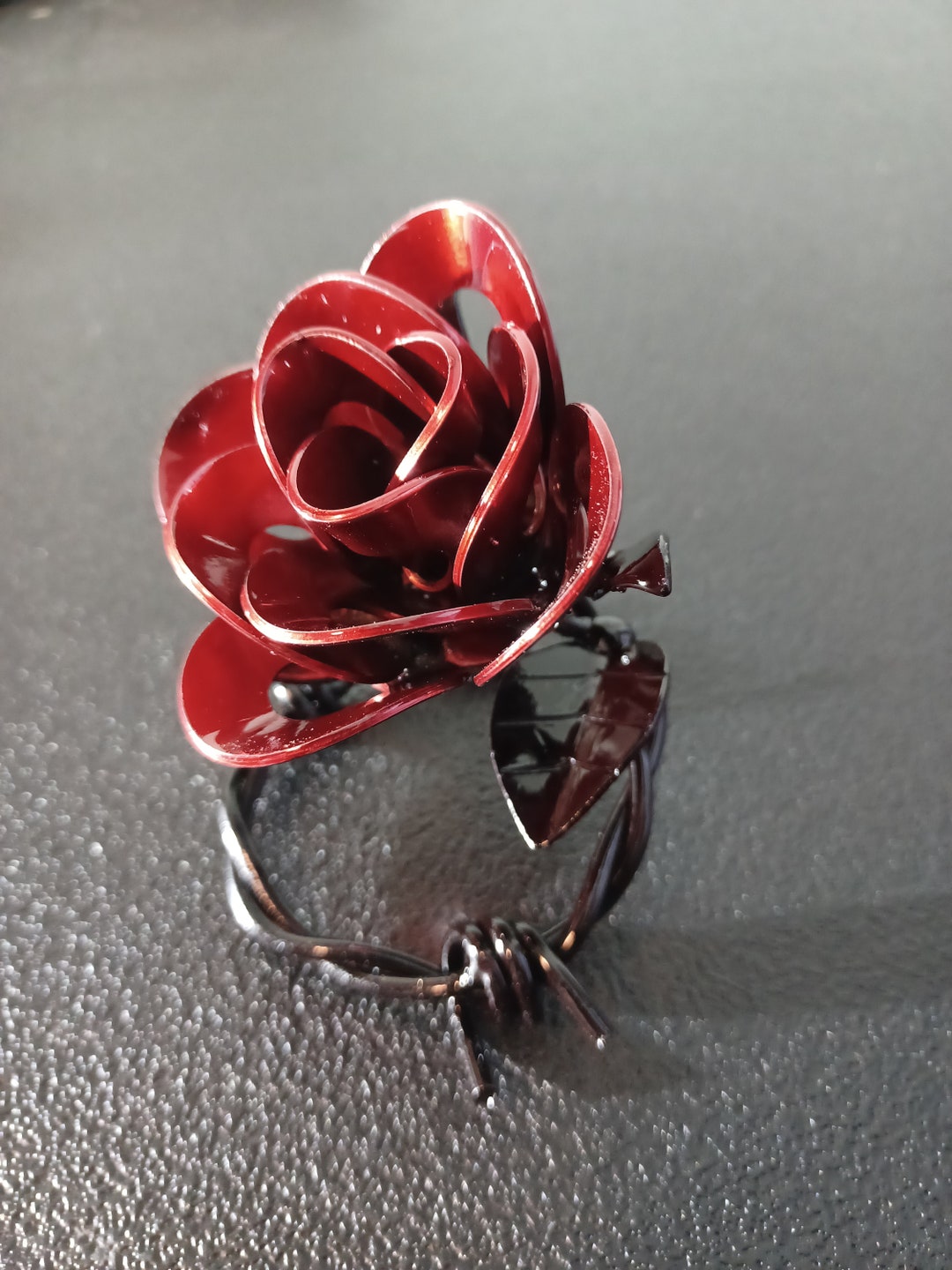 Red and Black Barbed Wire Stem Immortal Rose, Recycled Metal Rose ...