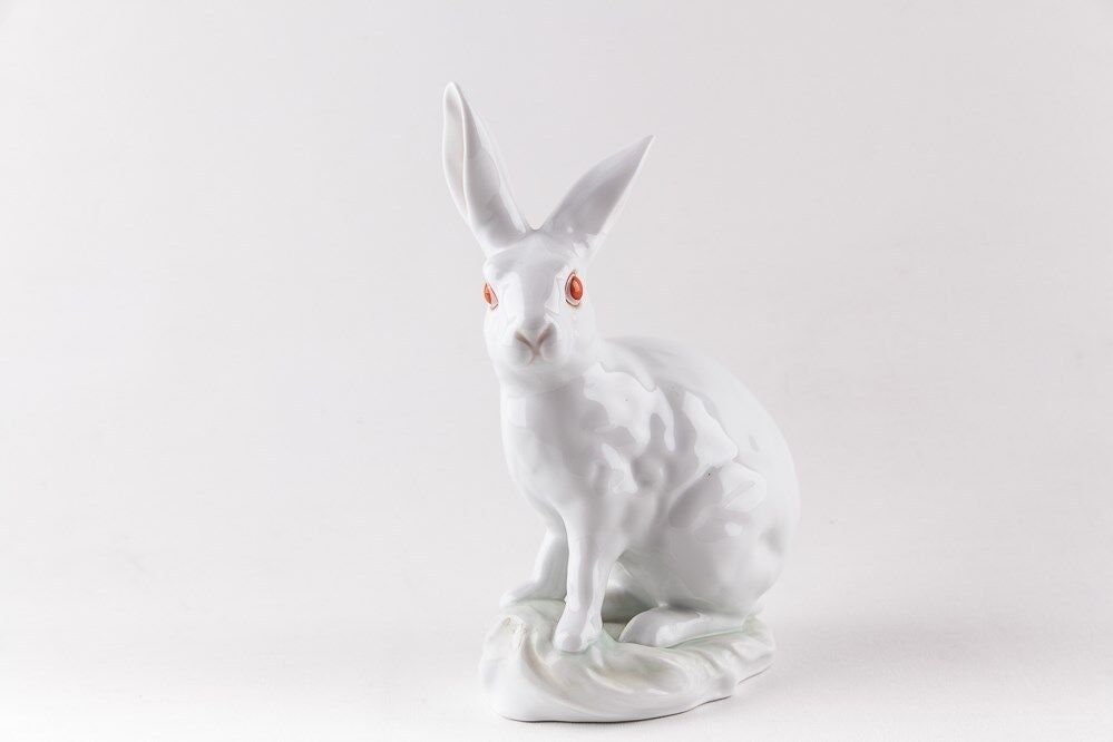 Herend, XL White Rabbit Sitting 12.5", Handpainted PORCELAIN FIGURINE ...