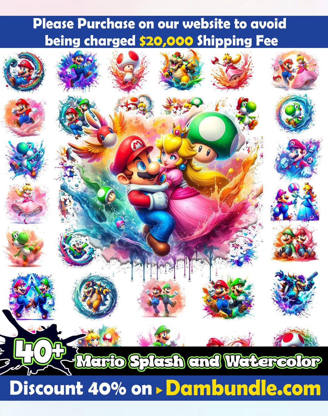 Super Mario Splash and Watercolor Digital Design PNG File for ...