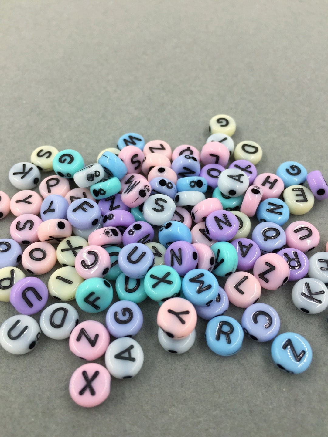100 X Pastel Opaque Alphabet Beads With Black Letters, 6.5mm Bracelet ...