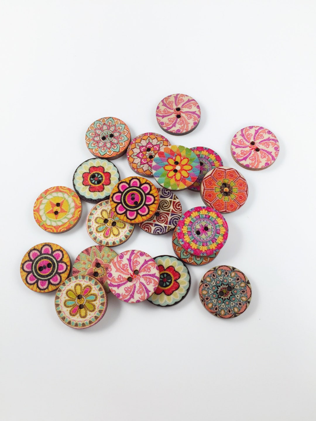 20 X Colourful Wooden Buttons Printed Wooden Buttons Boho Buttons 19mm ...