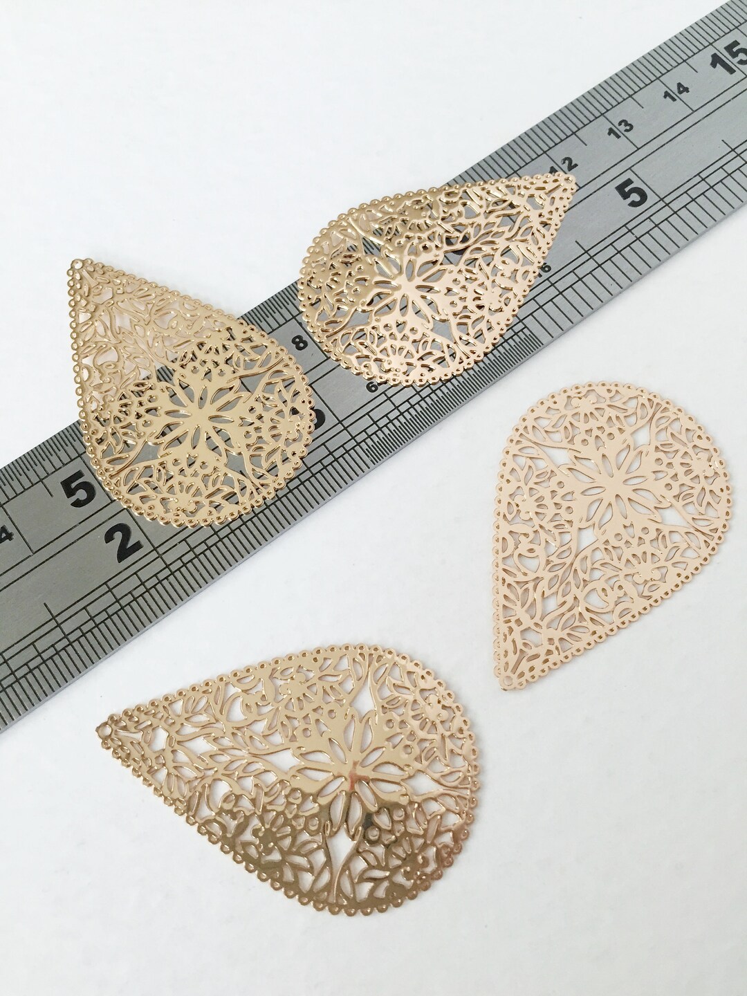 4 X Gold Plated Flower Filigree Drops, Teardrop Brass Filigree Pendants ...