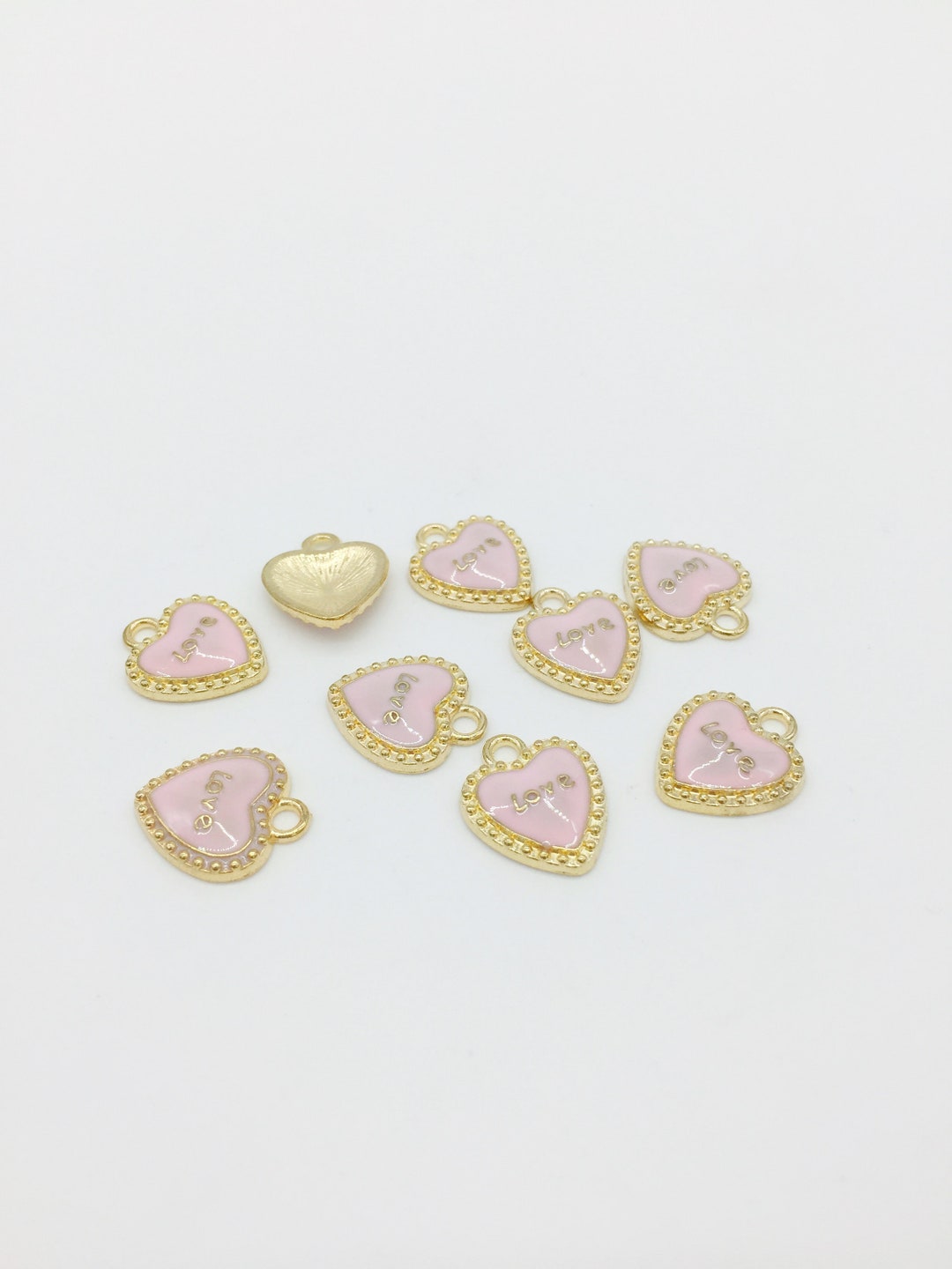 12 X Pink Heart Charms, Enamelled Heart Pendants, Small Pink Heart ...