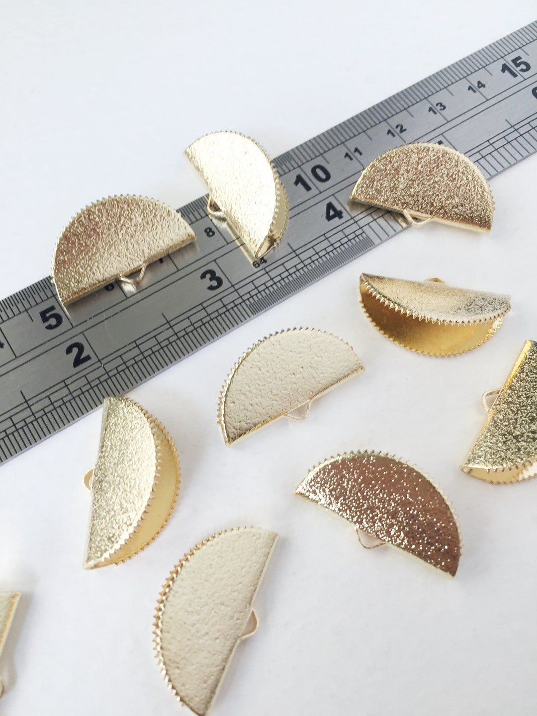 4 X Gold Plated Ribbon End Charms, Fan Shaped Ribbon Clamps, Half ...