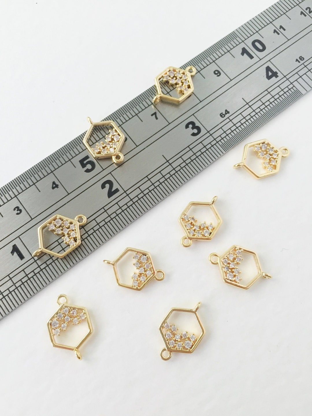 2 X 18K Gold Plated Hexagon Connectors With Cubic Zirconia, Brass ...
