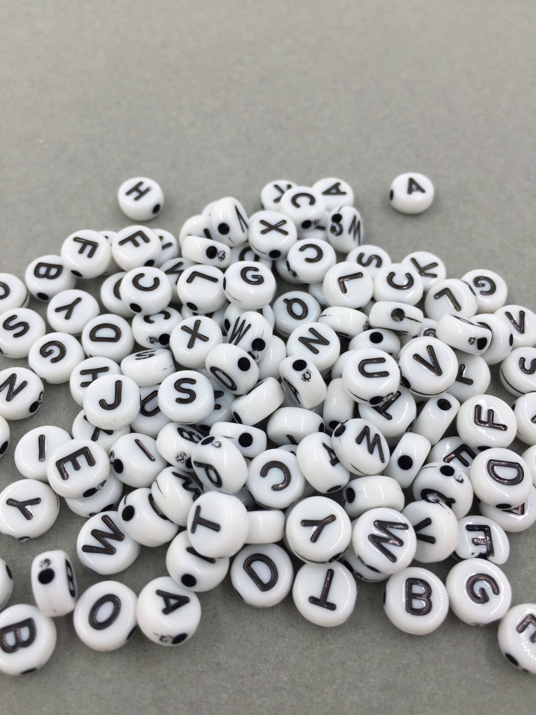 100 X Opaque Vintage White Alphabet Beads With Black Letters, 7mm ...
