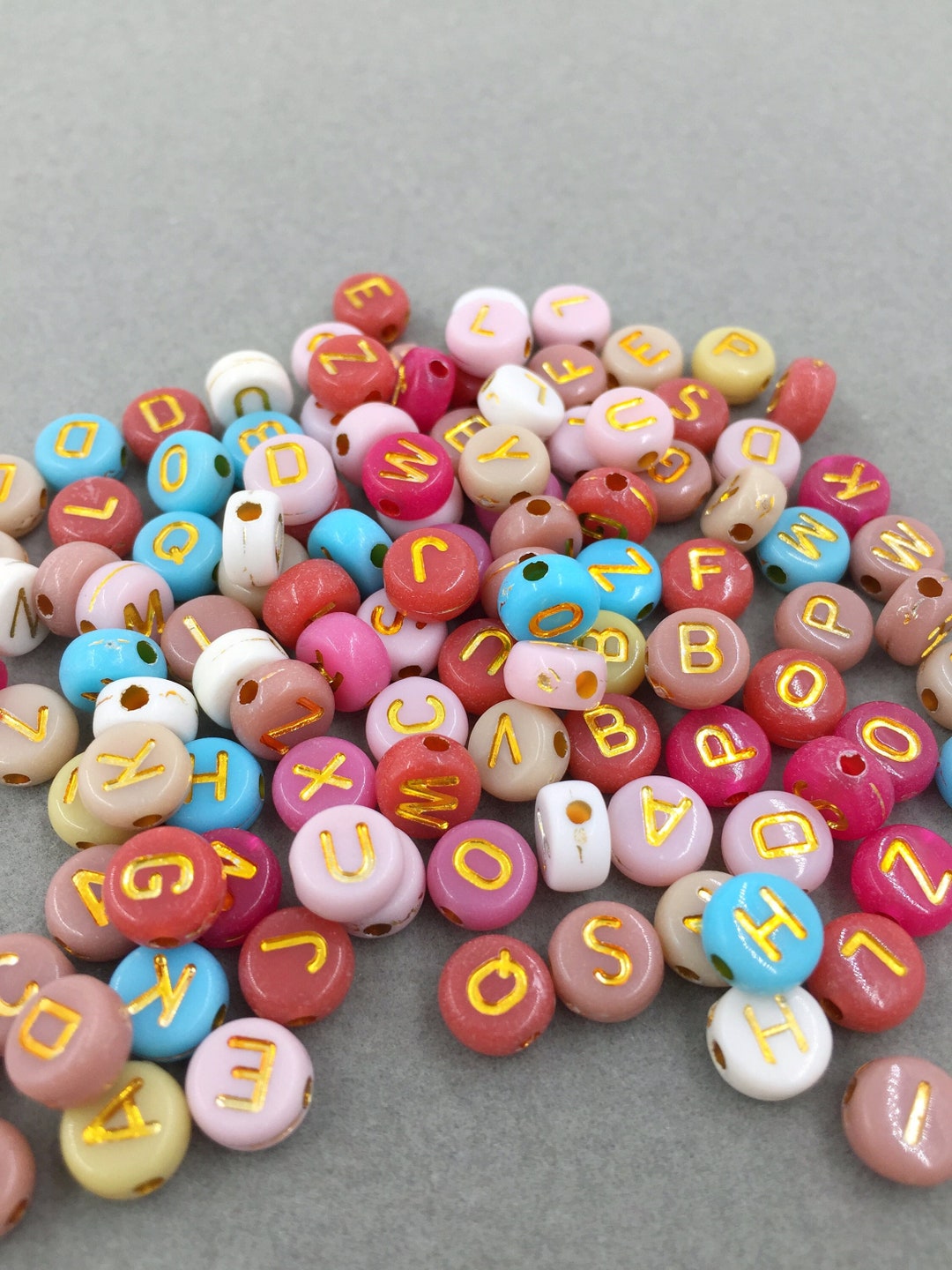 100 X Colourful Opaque Alphabet Beads With Gold Letters, 7mm Bracelet ...
