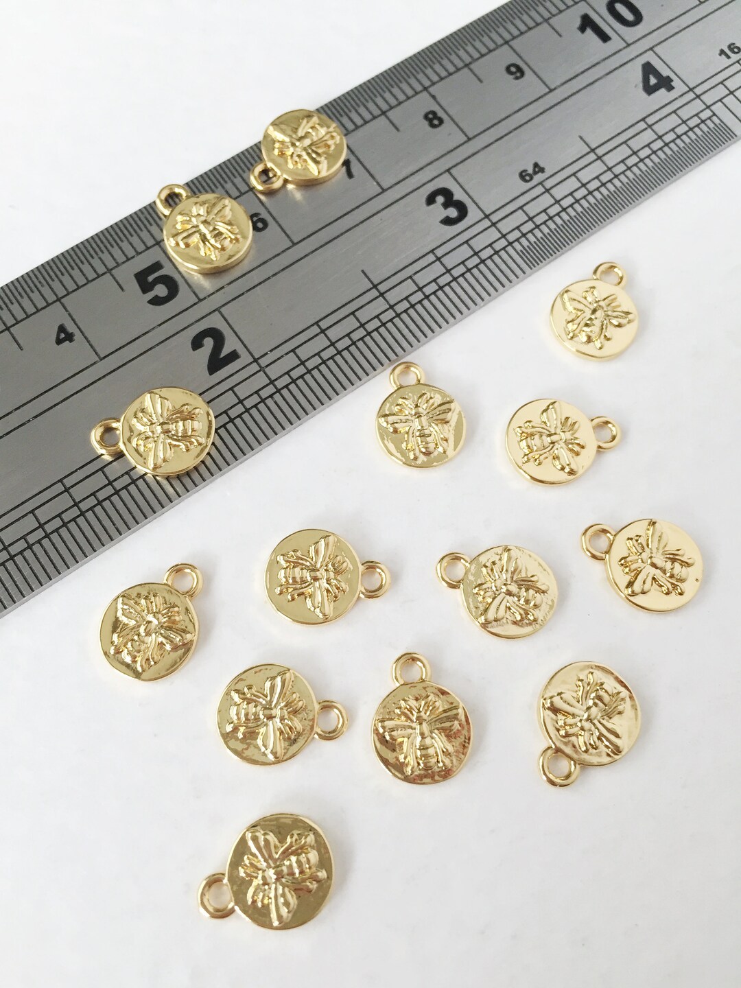 2 X 18K Gold Plated Bee Charms 18K Gold Bee Charms Tiny Coin Shape Bee ...