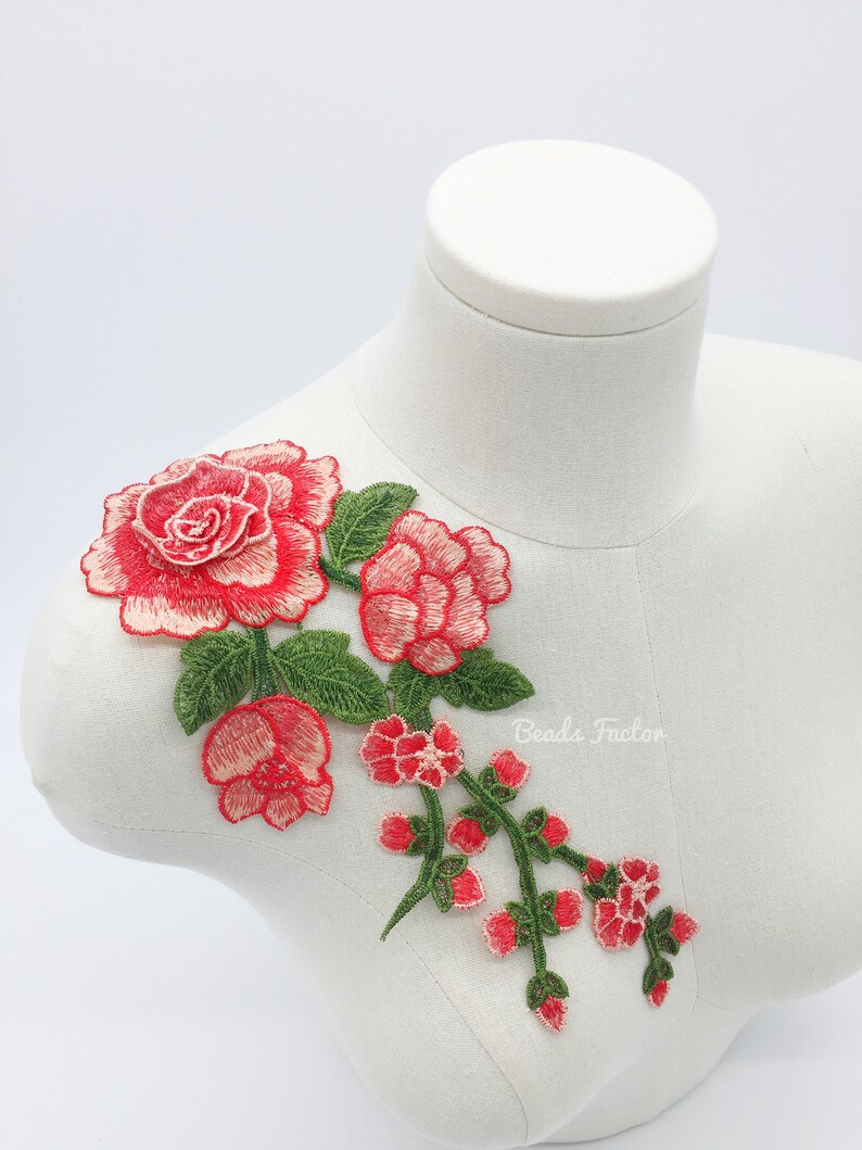 Coral Red Embroidered Flowers Applique Red Rose Embroidery - Etsy