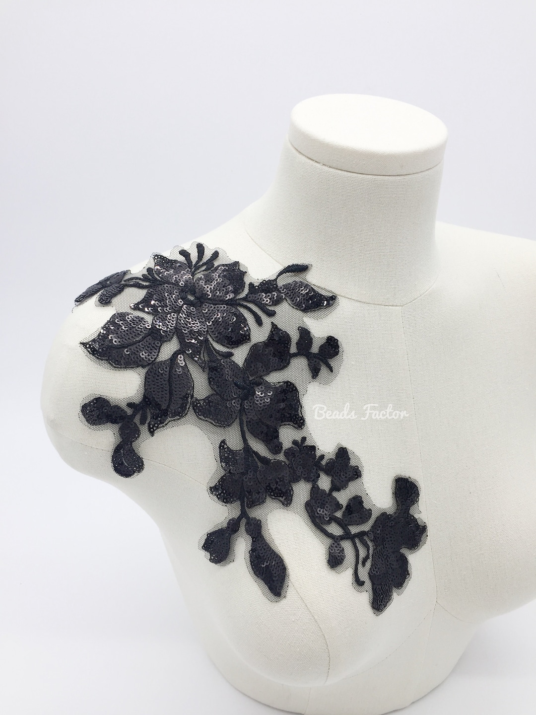 Beaded Lace Applique Black Lace Patch Lace Applique With Sequins Floral ...