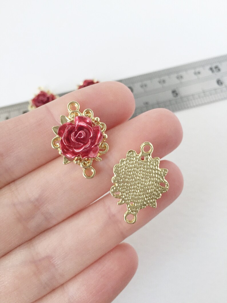 4 X Red Rose Connectors Gold Base Flower Links Wine Red Rose Links for ...