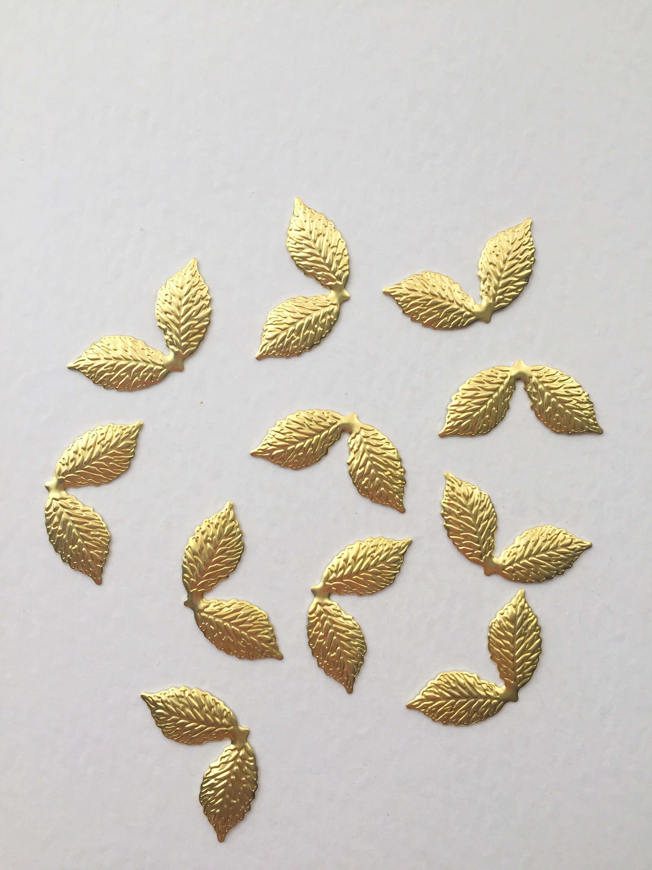 20 X Gold Double Leaf Branch Embellishments Gold Metal Leaf Cabochons ...