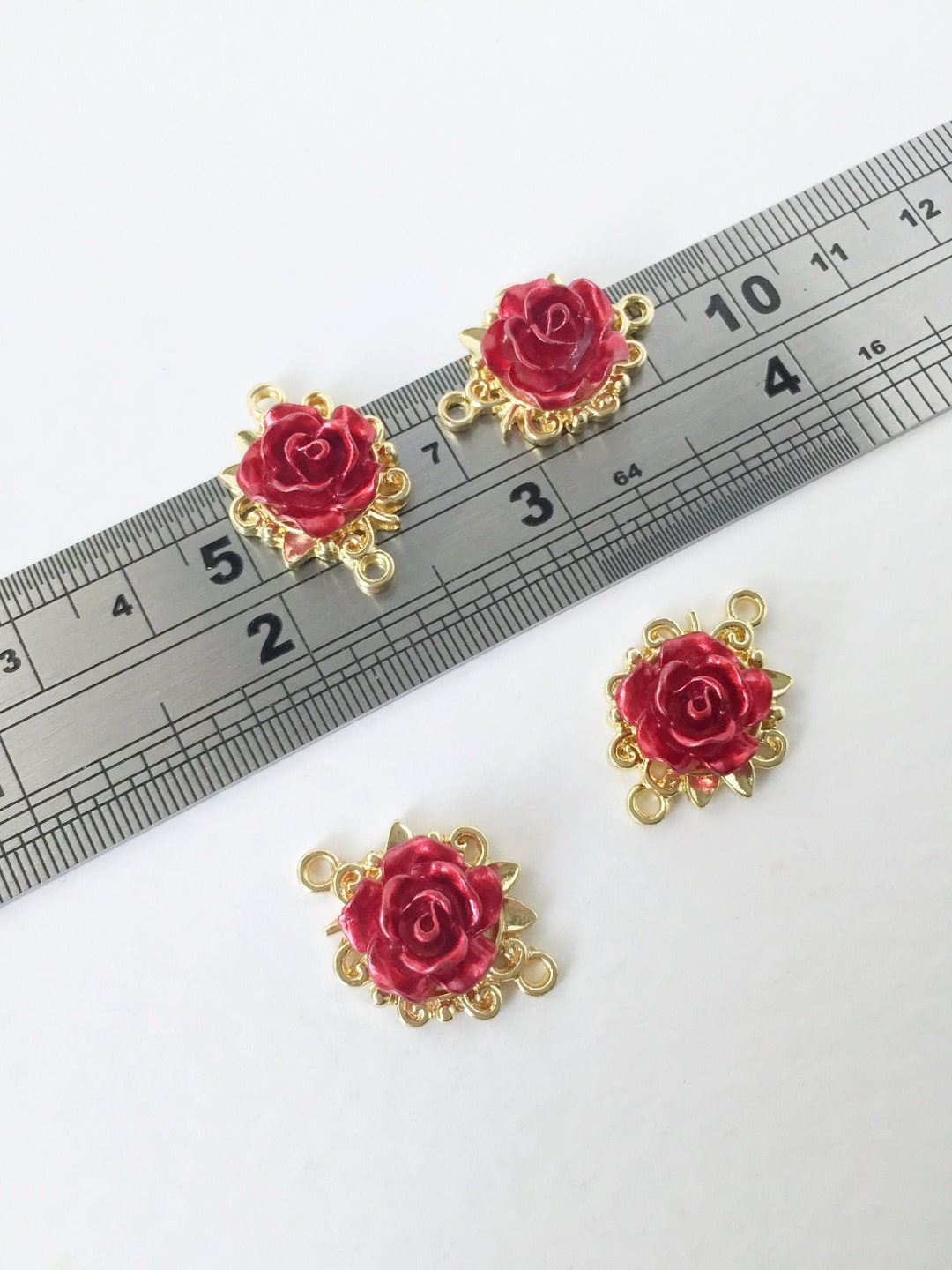 4 X Red Rose Connectors Gold Base Flower Links Wine Red Rose Links for ...