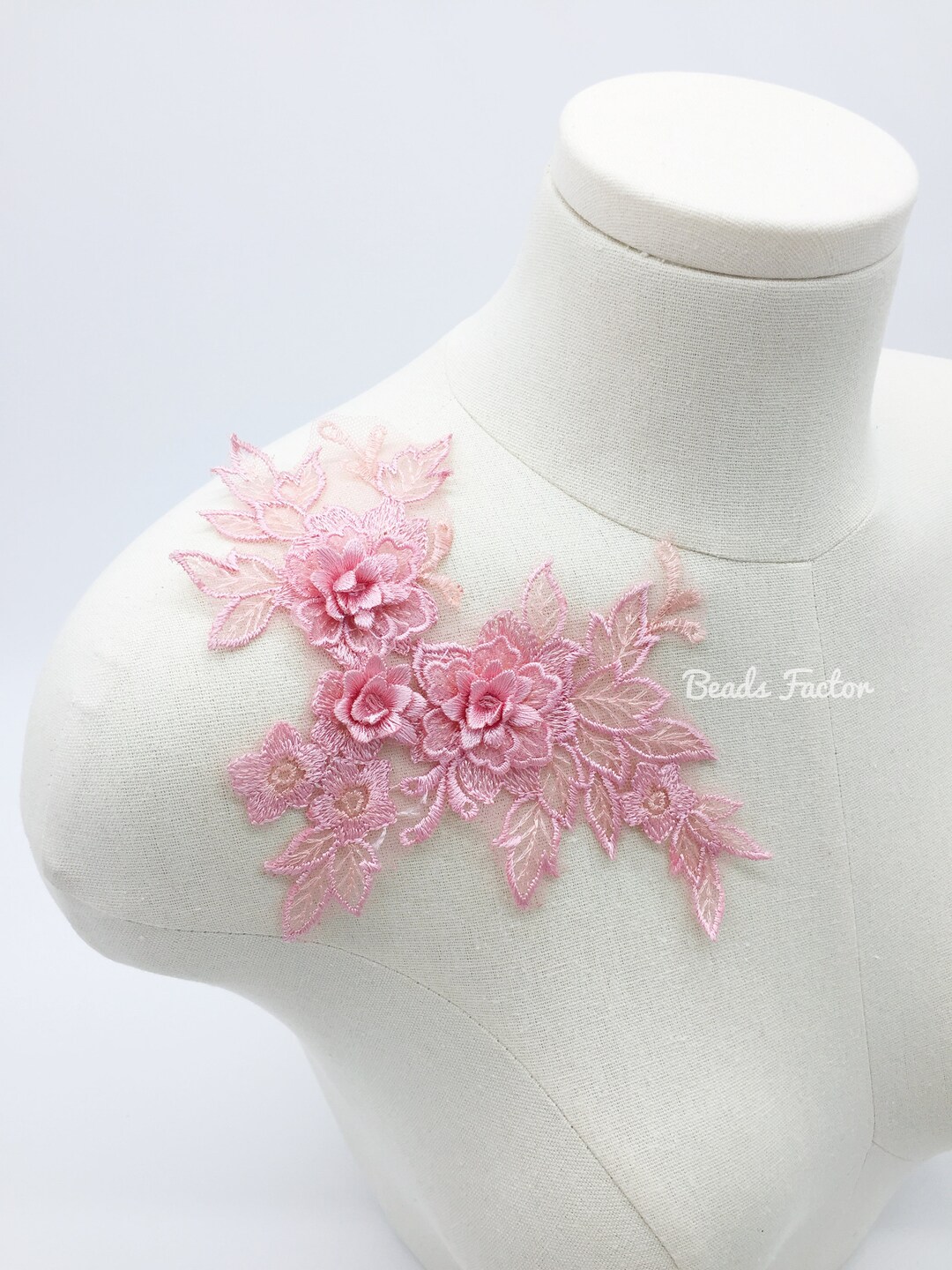 Pink Embroidery Lace Patch Mirrored Pair 3D Flower Lace Applique Floral ...