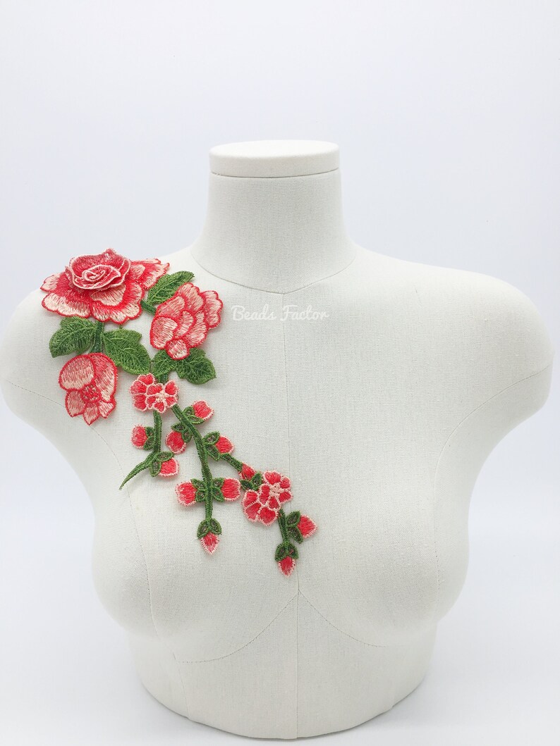 Coral Red Embroidered Flowers Applique Red Rose Embroidery - Etsy