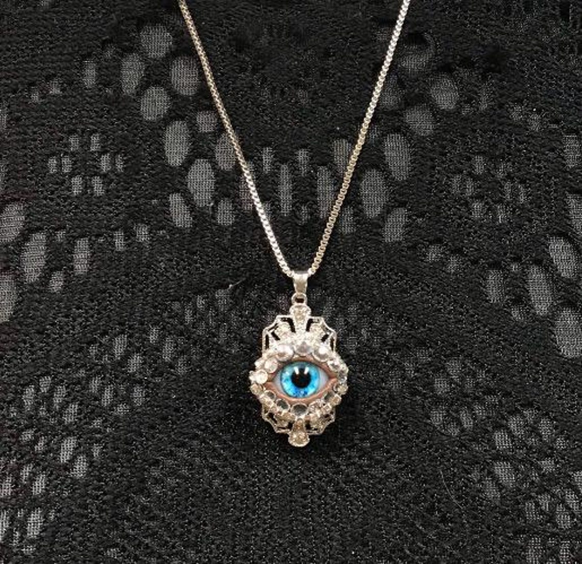 Silver Tone Crystal Eyeball Necklace - Aqua Blue Iris, Rhinestone ...