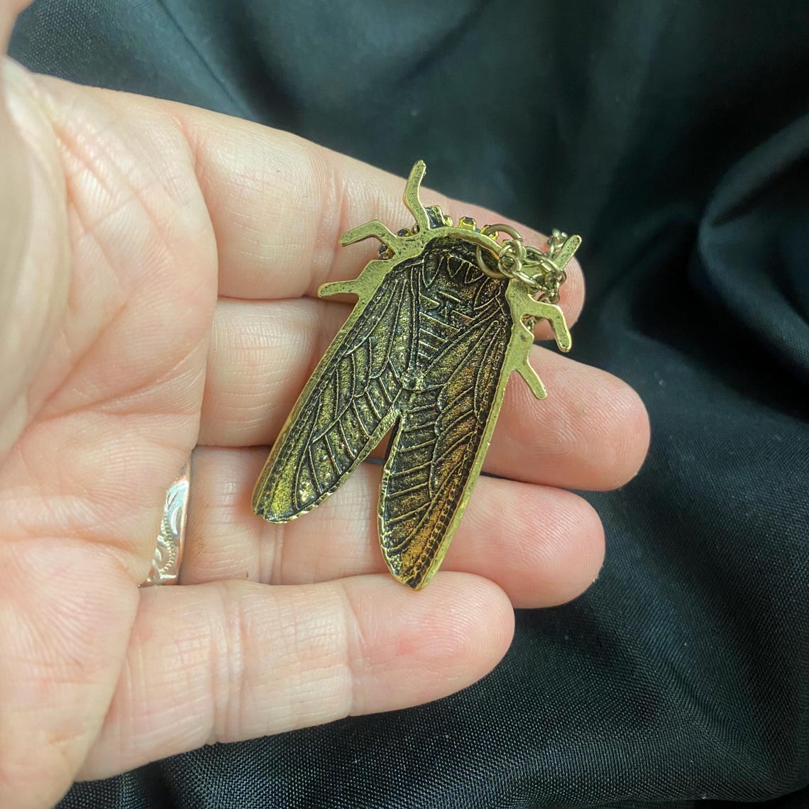 Antiqued Gold Cicada Pendant Necklace, Green Eye Rhinestone Jewelry - Etsy