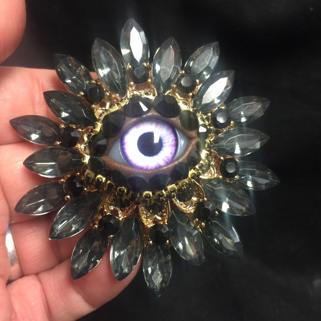 Vintage Style Sunburst Brooch, Handmade Violet Glass Iris, Rhinestone ...