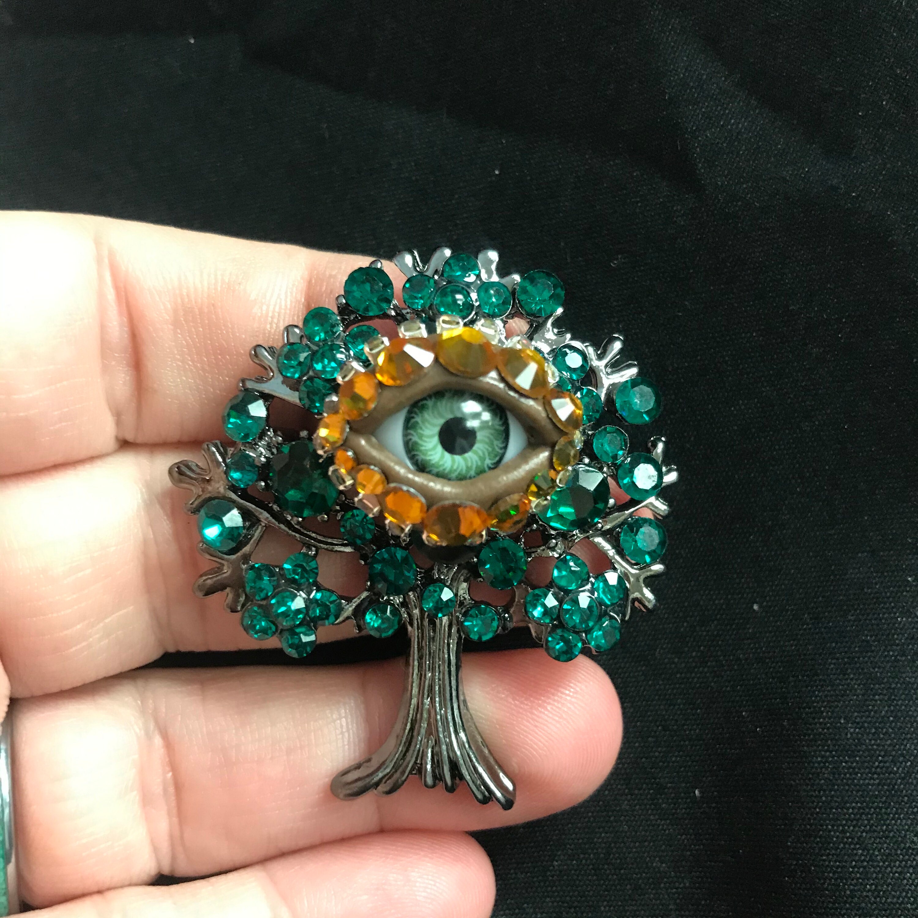 Gorgeous Green Bejeweled Tree of Life Eyeball Art Brooch With a Natural ...