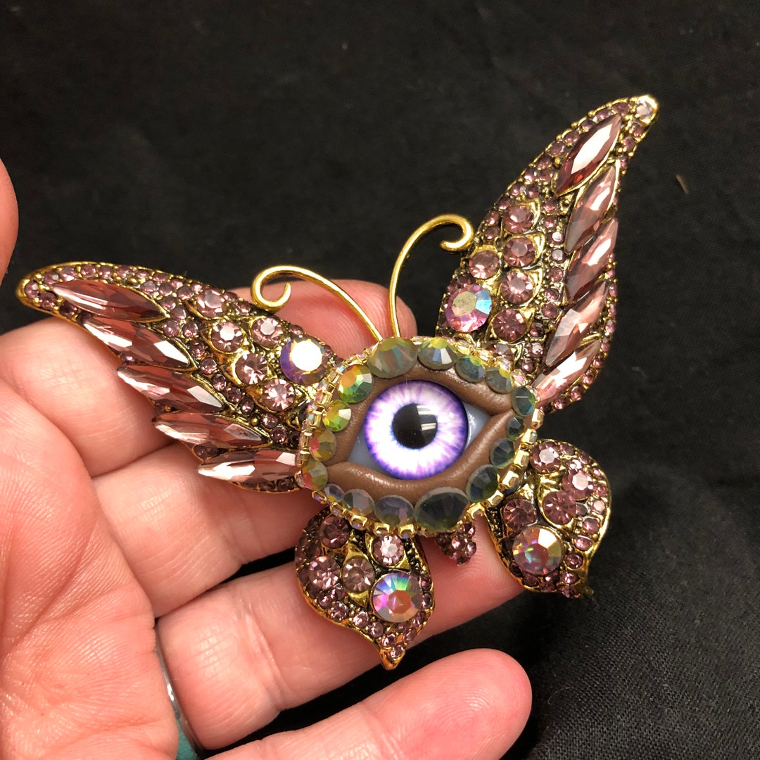 Stunning Purple Butterfly Eyeball Art Brooch With a Handmade Violet ...