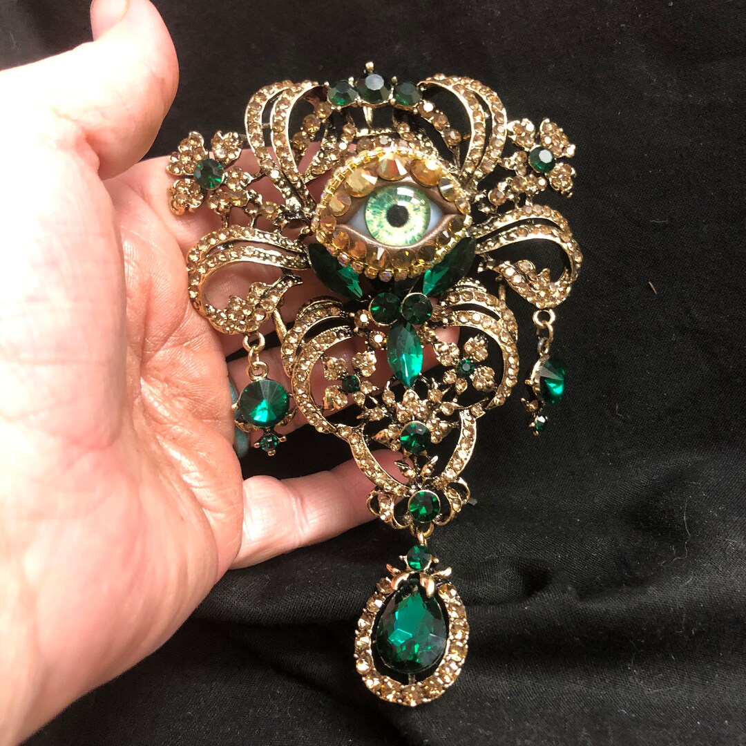 Huge Epic Golden Topaz and Emerald Green Crystal Eyeball Art Brooch (or ...