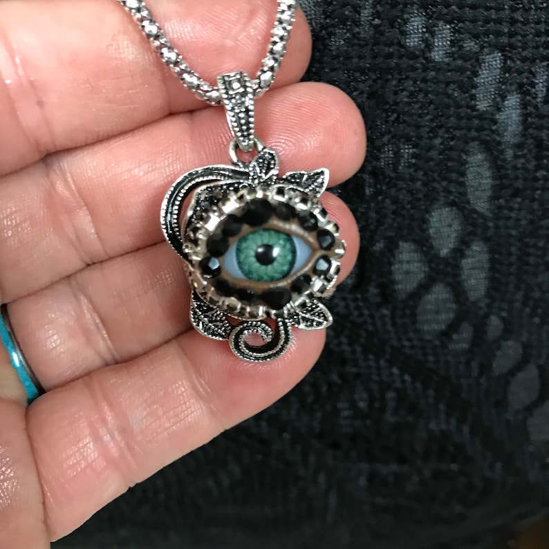 Antiqued Silver Tone Rose Eyeball Art Necklace, Green Eye Rhinestone ...