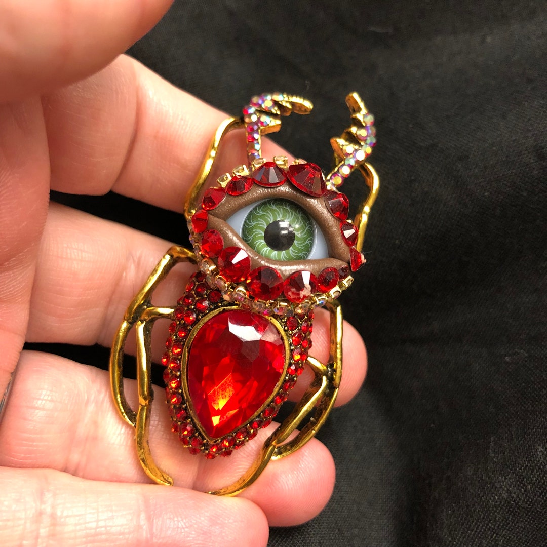 Blood Red Bejeweled Beetle Eyeball Art Brooch With a Natural Green Eye ...