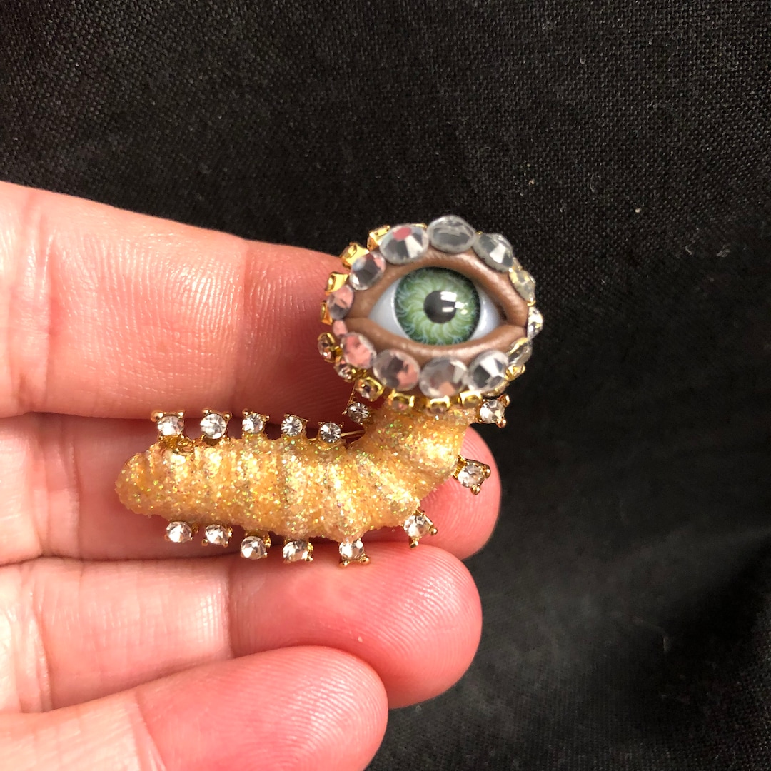 Eyeball Art Brooch, Golden Glitter Caterpillar With Rhinestones - Etsy