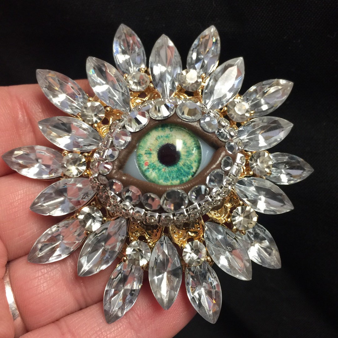 Vintage Style Sunburst Eyeball Brooch, Handmade Green Iris Rhinestone ...