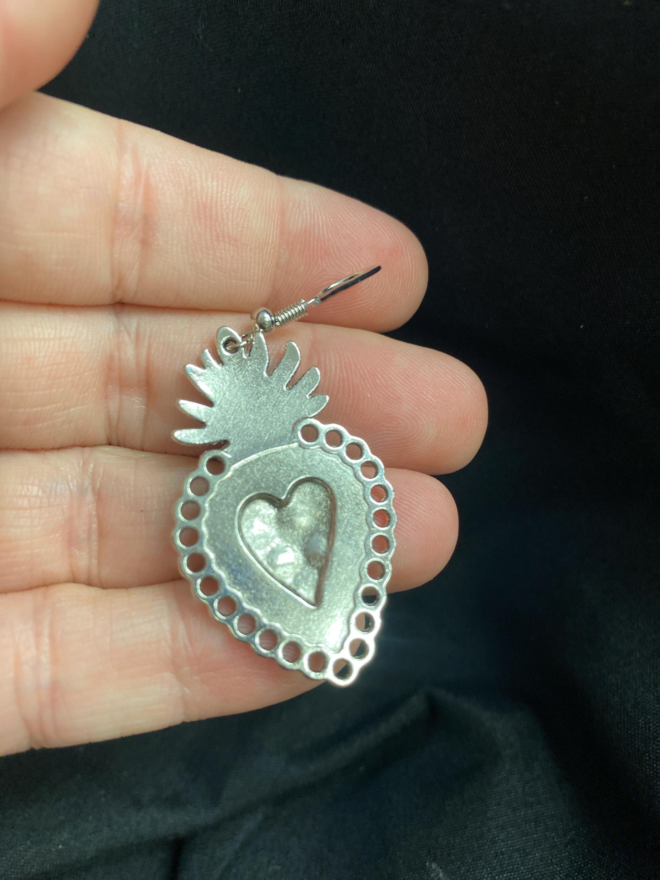 Vintage Style Silver Tone Sacred Heart Eyeball Earrings, Rhinestone Eye ...