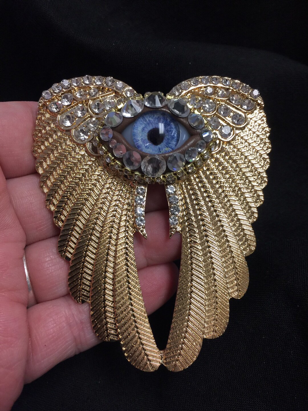 Large Gold Tone Winged Eyeball Art Brooch With a Handmade Blue Glass ...
