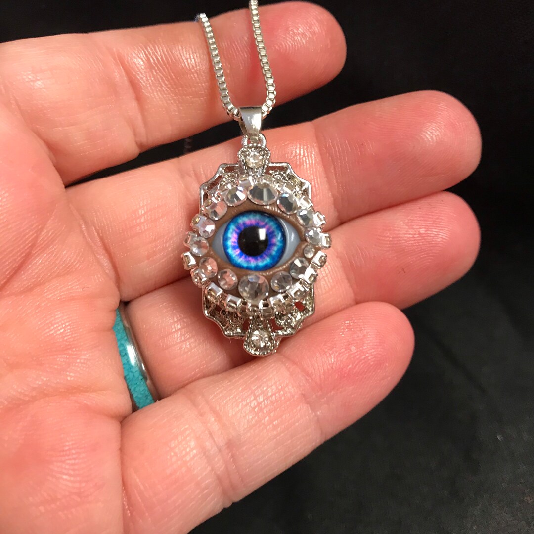 Silver Tone and Crystal Eyeball Art Necklace With a Handmade Bold Blue ...