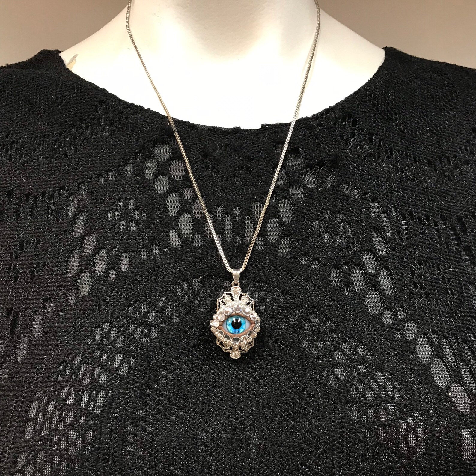 Silver Tone Crystal Eyeball Necklace - Aqua Blue Iris, Rhinestone ...
