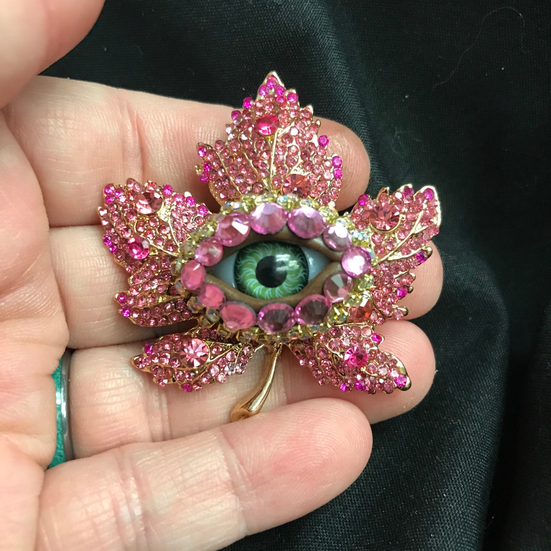 Spring Leaf Pretty Pink Maple Leaf Eyeball Art Brooch With a Natural ...