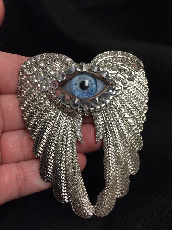 Large Silver Tone Winged Eyeball Art Brooch With a Handmade | Etsy