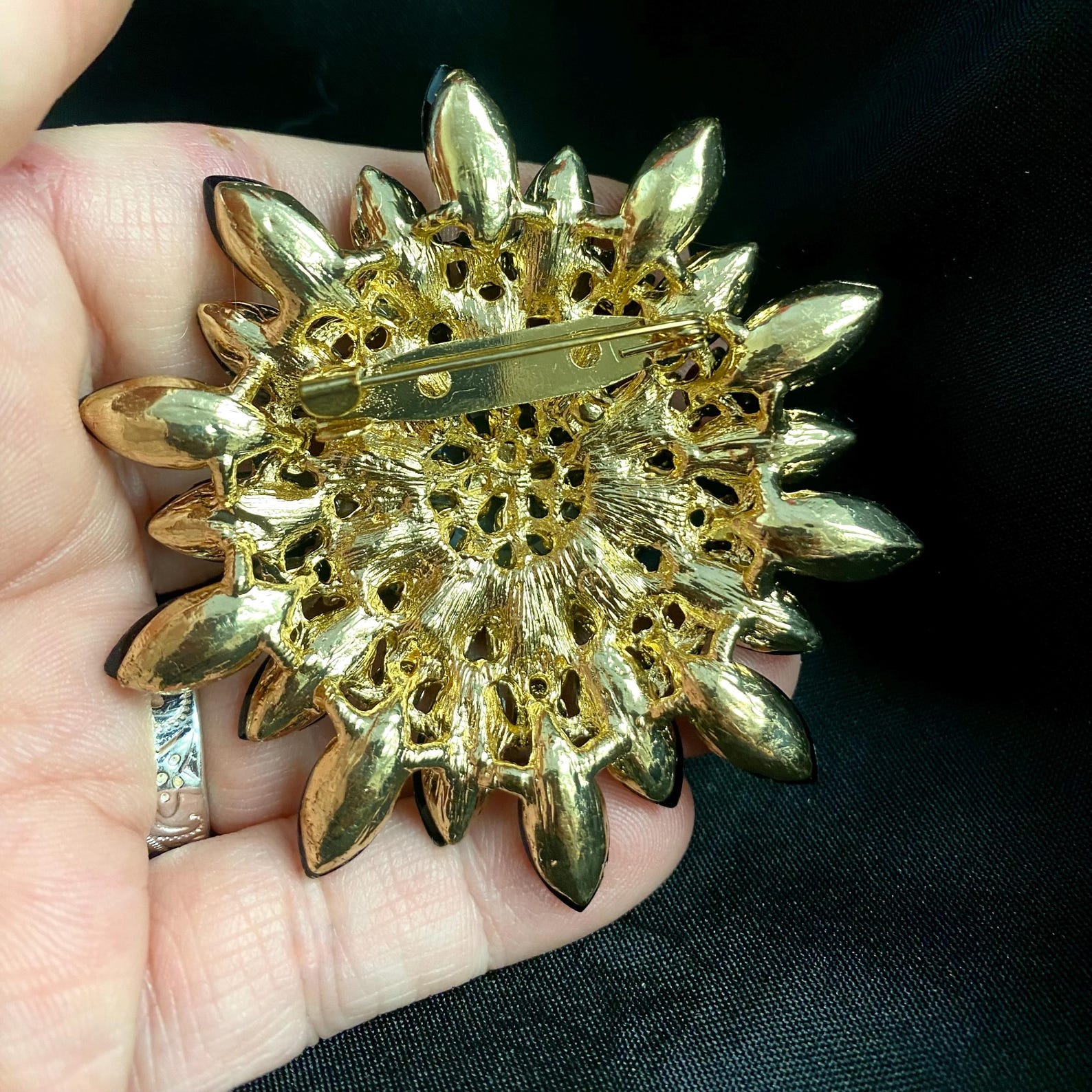 Vintage Style Sunburst Eyeball Brooch, Black Rhinestone Amber Glass ...