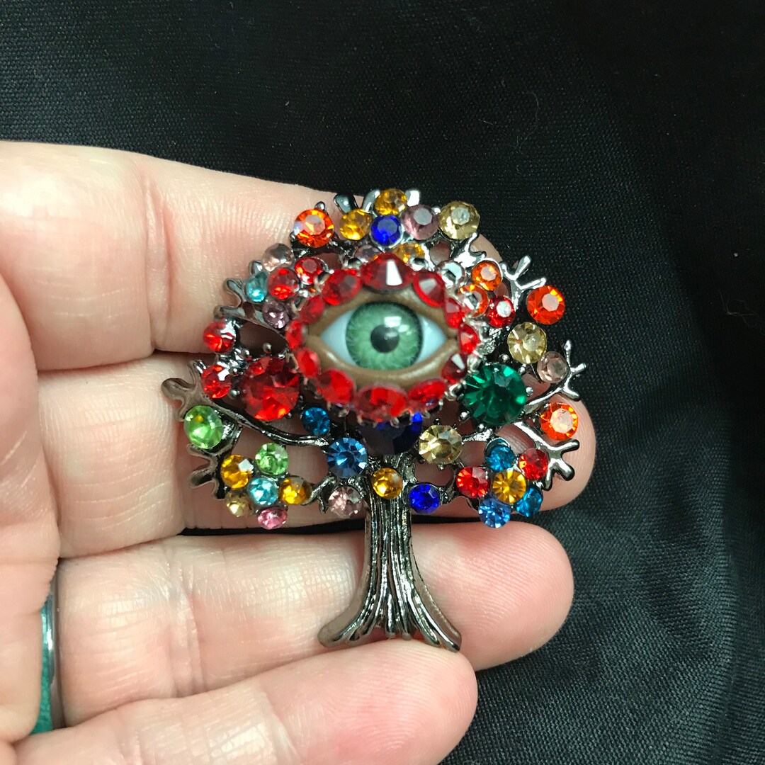 Tree of Life Bejeweled Eyeball Art Brooch With a Natural Green Eye and ...