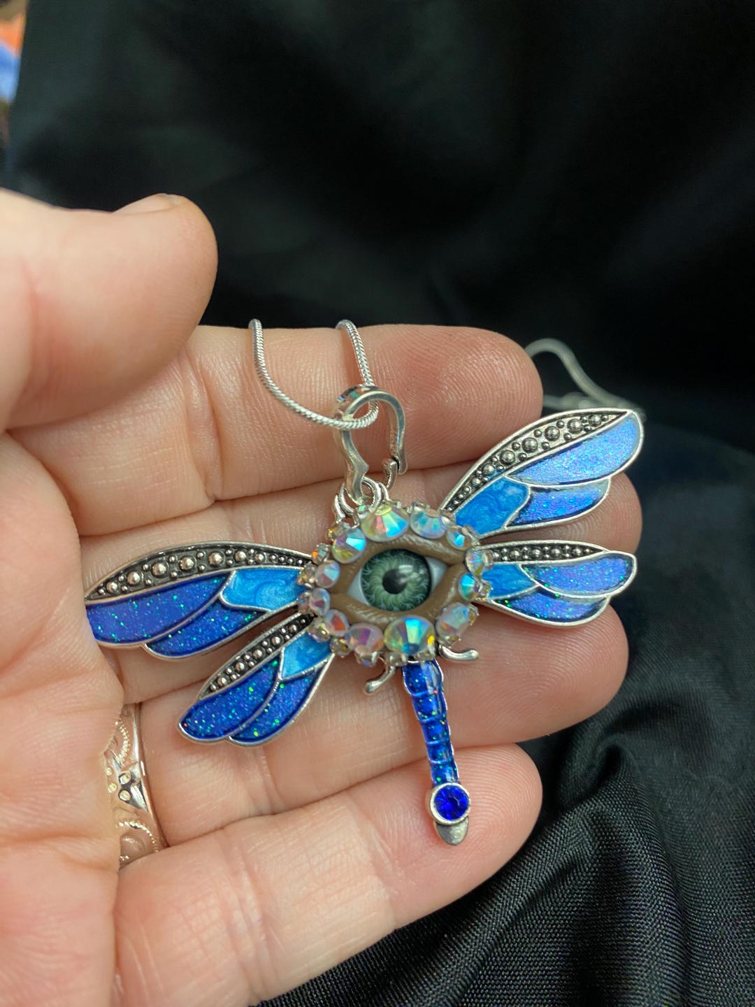 Blue Dragonfly Eyeball Necklace, Rhinestone Sterling Silver Chain - Etsy